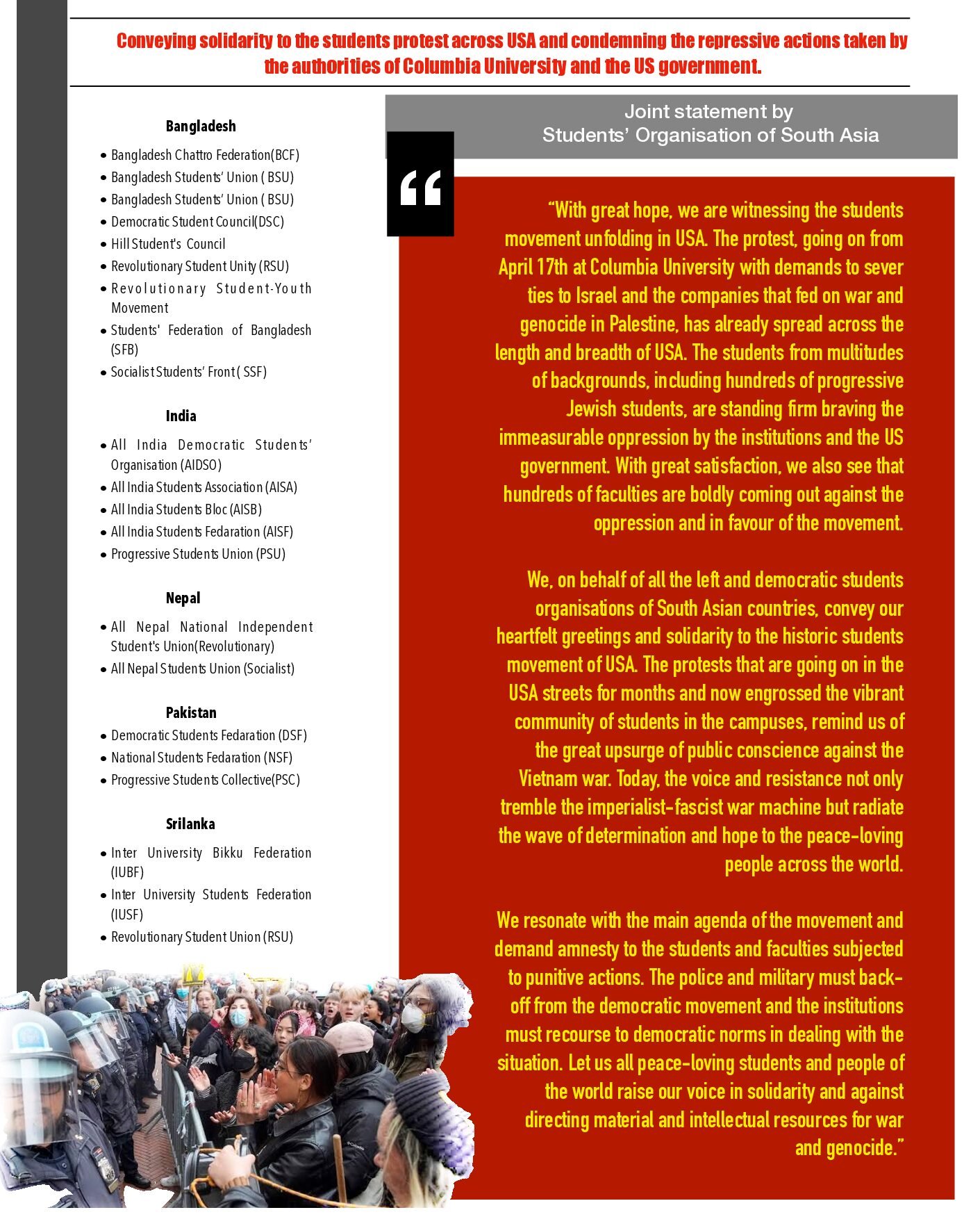 Conveying solidarity to the students protest across USA and condemning ...